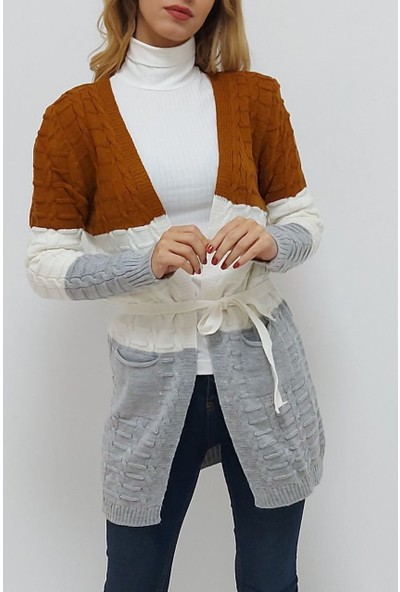 Sue 3 Renk Önden Bağlamalı Hırka Hardal