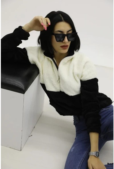Berlin Shop Çift Renk Kanguru Cepli Peluş Siyah Sweat - LKS174