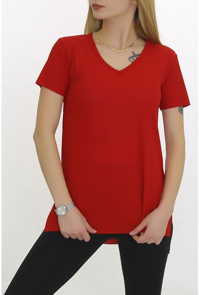 Berlin Shop V Yaka Yırtmaçlı Tişört Kırmızı - 1998.555.