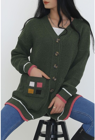 Berlin Shop Düğmeli Cepli Hırka Haki - 8638.1319. Berlin Shop Düğmeli Cepli Hırka Haki - 8638.1319.