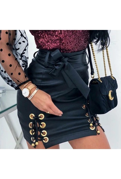 Moda Yakamoz Kuşgözü Detaylı Kemerli Likralı Deri Etek