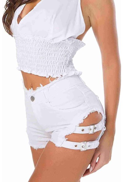 Merry See Perla Yan Dekolte Detaylı Denim Kot Şort Beyaz