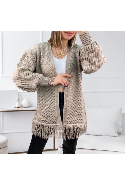 Moda Yakamoz Balon Kol, Püskül Detay Triko Hırka.