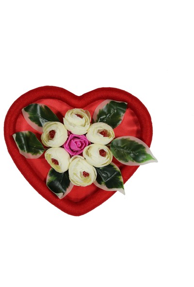 Zirve Bijuteri El Yapımı Kırmızı Kalp Yaprakjlı Beyaz Çiçek Duvar ve Kapı Süsü