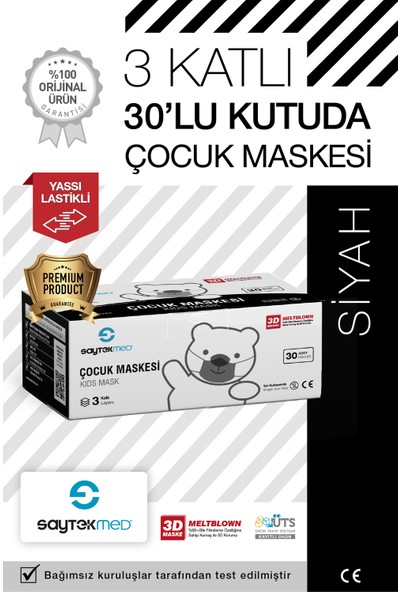Saytekmed Premium Siyah Çocuk Maskesi, Meltblown Filtreli (1 Kutu/30 Adet) Saytekmed Premium Siyah Çocuk Maskesi, Meltblown Filtreli (1 Kutu/30 Adet)