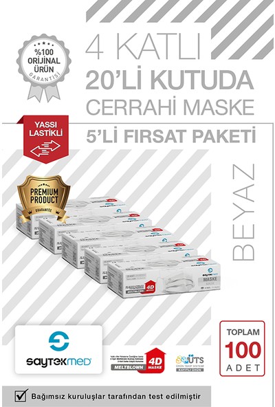 Saytekmed Iki Kat Meltblown Koruması 4 Katlı Beyaz Maske (5 Kutu/100 Adet) Saytekmed Iki Kat Meltblown Koruması 4 Katlı Beyaz Maske (5 Kutu/100 Adet)