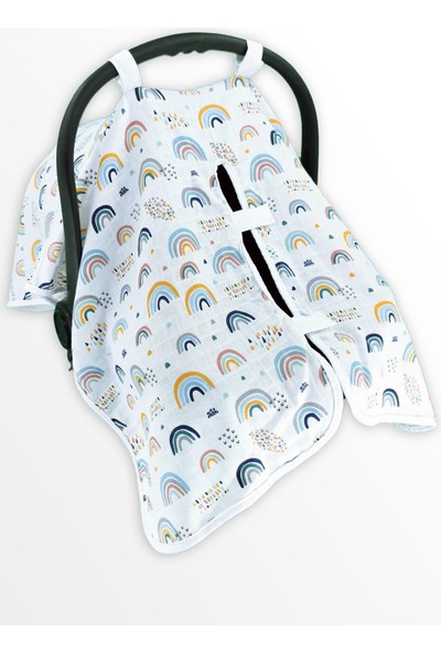 Ponçikya Pencereli Organik Müslin Puset Örtüsü - Mavi Gökkuşağı