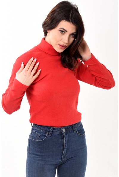 Belifanti Collection Kadın Balıkçı Yaka Boğazlı Slim Fit Kazak Kırmızı