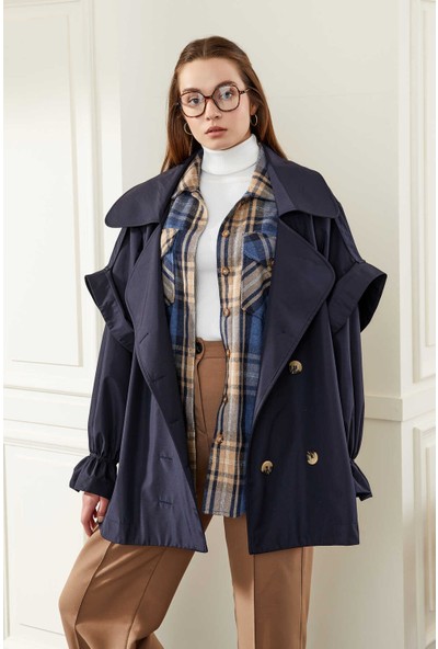 FW21 Omuz Detaylı Lacivert Trençkot FW21 Omuz Detaylı Lacivert Trençkot