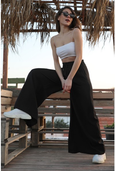 VprModa Geniş Kemerli Bol Paça Düz Keten Kadın Pantolon