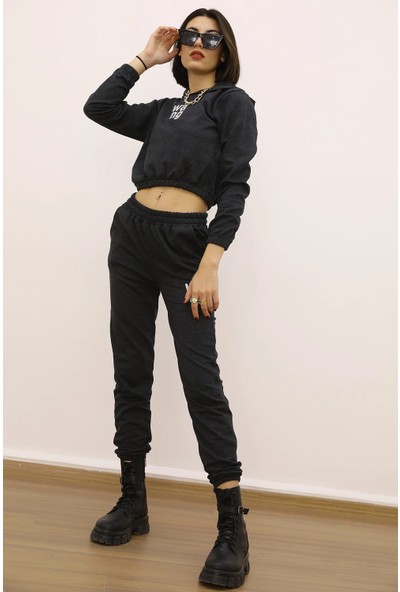 Berlin Shop Wang Baskılı Kapşonlu Eşofman Takımı Antrasit - P-019162