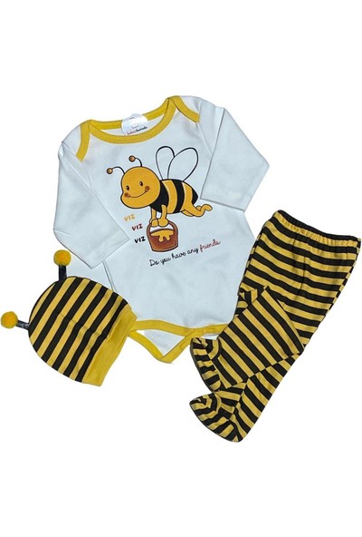 Bebeciburada % 100 Pamuk Arı Şapkalı Çıtçıtlı Badi 3'lü Bebek Takım Bebeciburada % 100 Pamuk Arı Şapkalı Çıtçıtlı Badi 3'lü Bebek Takım