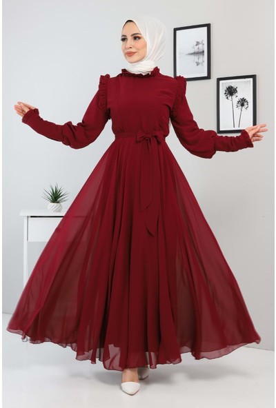 Moda Mihram Omuzu Fırfırlı Şifon Abiye Bordo