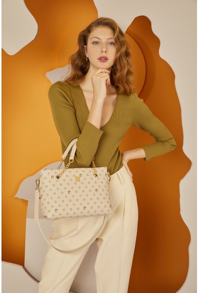 Pierre Cardin Bej Monogram Kadın Omuz Çantası 05PO22Y1561-MN Bj