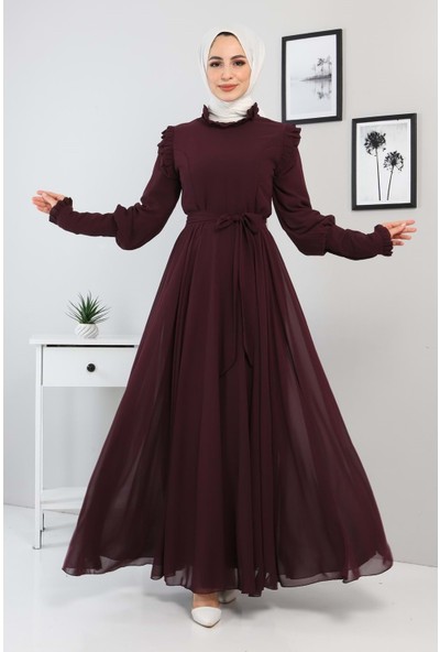 Moda Mihram Omuzu Fırfırlı Şifon Abiye Mürdüm