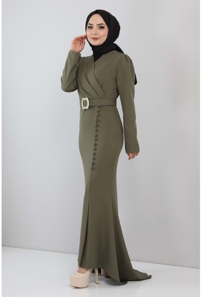 Moda Mihram Düğme Detaylı Abiye Haki