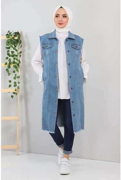Moda Mihram Düğmeli Kot Yelek Açık Mavi Moda Mihram Düğmeli Kot Yelek Açık Mavi