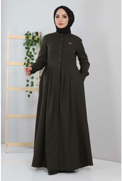 Moda Mihram Düğmeli Incili Ferace Haki Moda Mihram Düğmeli Incili Ferace Haki