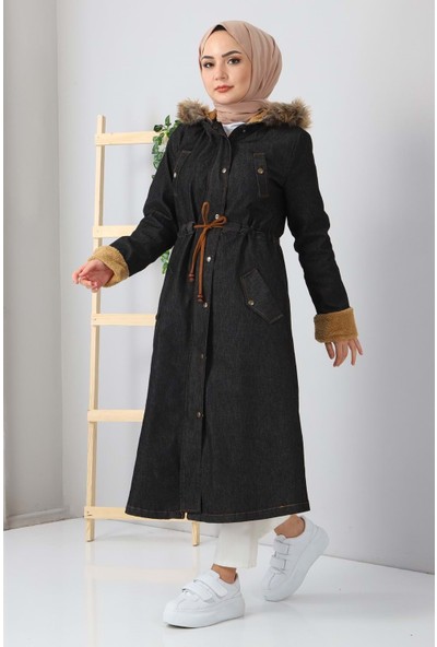 Moda Mihram Fermuarlı Kürklü Kot Mont Siyah