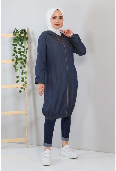 Moda Mihram Fermuarlı Kapşonlu Kot Kap Mavi Moda Mihram Fermuarlı Kapşonlu Kot Kap Mavi