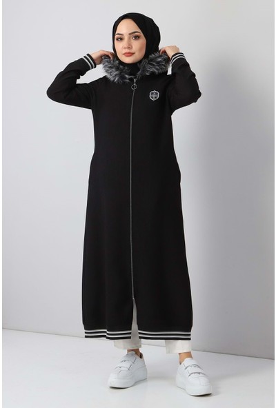 Moda Mihram Kapşonlu Kadife Kap Siyah