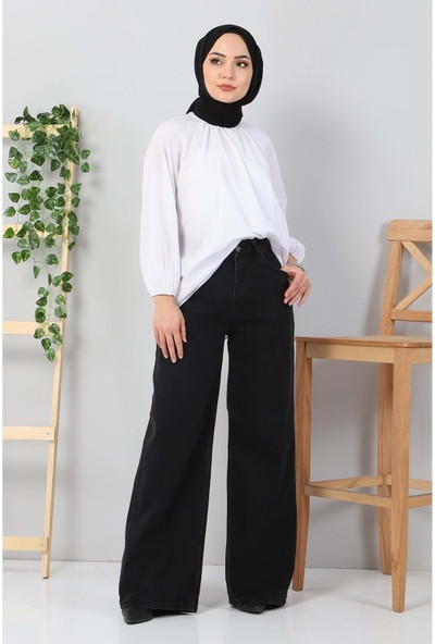 Moda Mihram Bol Paça Kot Pantolon Siyah