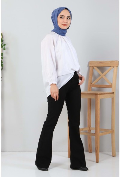 Moda Mihram Ispanyol Paça Kot Pantolon Siyah Moda Mihram Ispanyol Paça Kot Pantolon Siyah