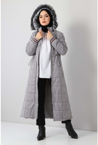 Kapşonlu Kapitone Mont Gri