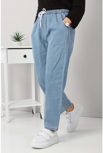 Moda Mihram Beli Lastikli Boyfriend Kot Pantolon Açık Mavi Moda Mihram Beli Lastikli Boyfriend Kot Pantolon Açık Mavi