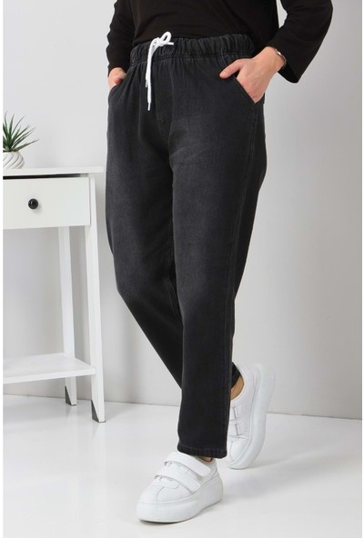 Moda Mihram Beli Lastikli Boyfriend Kot Pantolon Antrasit Moda Mihram Beli Lastikli Boyfriend Kot Pantolon Antrasit