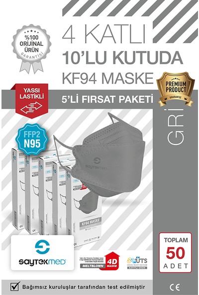 Saytekmed N95 Gri Maske, Tekli Poşet, Uv Steril (5 Kutu/ 50 Adet) Saytekmed N95 Gri Maske, Tekli Poşet, Uv Steril (5 Kutu/ 50 Adet)