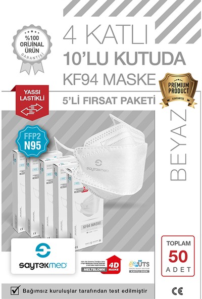 Saytekmed N95 Beyaz Maske, Tekli Poşet, Uv Steril (5 Kutu/ 50 Adet) Saytekmed N95 Beyaz Maske, Tekli Poşet, Uv Steril (5 Kutu/ 50 Adet)