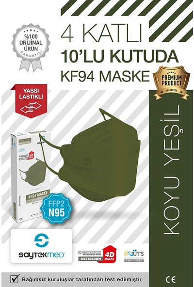 Saytekmed N95 Haki Yeşil Maske, Tekli Poşet, Uv Steril (1 Kutu/ 10 Adet) Saytekmed N95 Haki Yeşil Maske, Tekli Poşet, Uv Steril (1 Kutu/ 10 Adet)