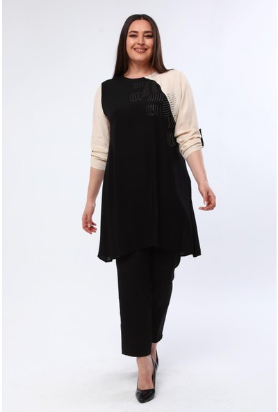 Shine Kadın Ayşıl Büyük Beden Taşlı Viskon Siyah Tunik