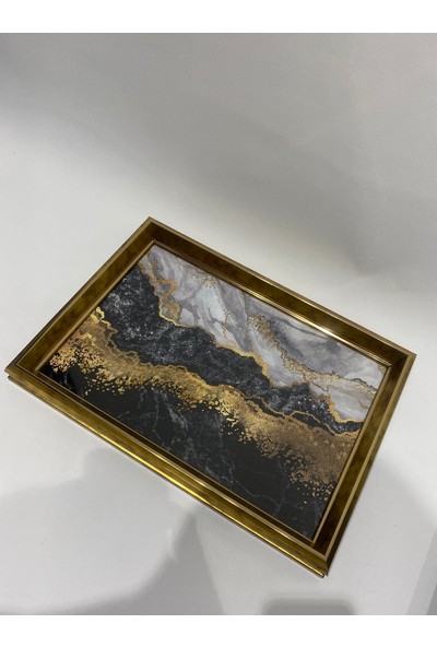 Homelet Desenli Dekoratif Dikdörtgen Camlı Tepsi 45 x 32 cm