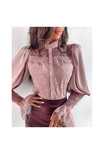 Civetta Krep Kumaş Dantel Detay Gömlek Pudra