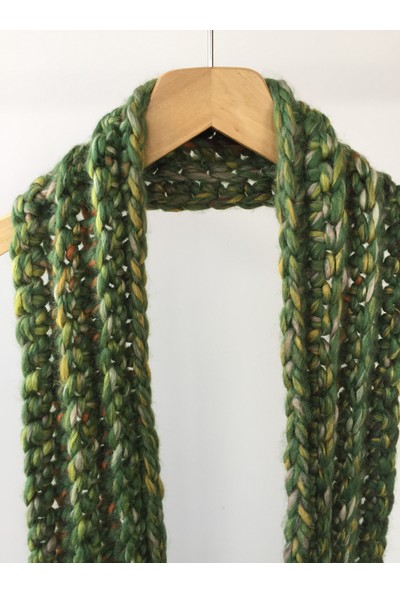 Mora Knit El Örgüsü Yünlü Yeşil Çok Renkli Atkı