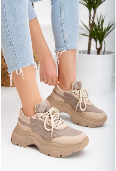 Erbilden Lesbon Krem Cilt Saten Detaylı Spor Ayakkabı