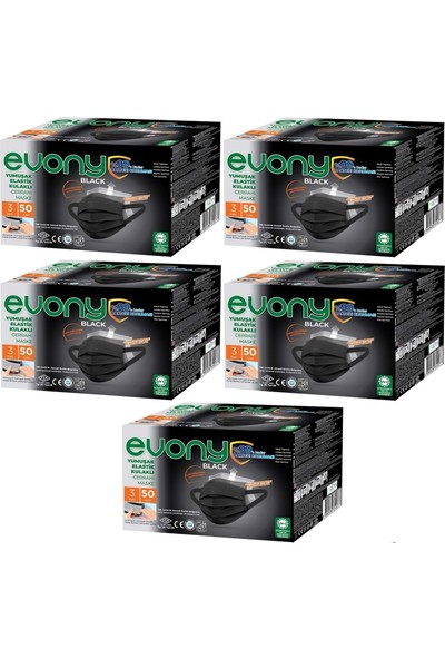 Evony 3 Katlı Filtreli Burun Telli Cerrahi Maske 250 Li Set Siyah/Black (Yumuşak Elastik Kulaklı) Evony 3 Katlı Filtreli Burun Telli Cerrahi Maske 250 Li Set Siyah/Black (Yumuşak Elastik Kulaklı)