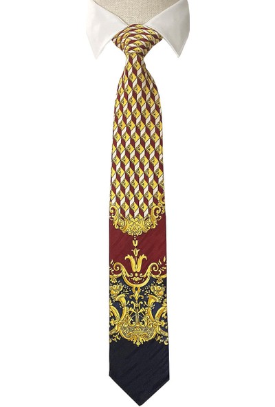 Kravatkolik Bordo - Sarı Motif Desen Italyan Ipek Kravat İK1085