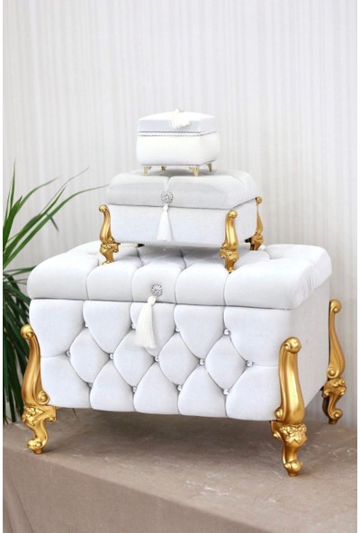 Ceyyiz Kapitoneli 3lü Çeyiz Nişan Gelin Sandığı Ekru