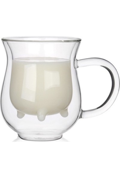 Anadolu Saray Çarşısı Inek Tasarımlı Çift Cidar Bardak | Saplı Isıya Dayanıklı Kahve ve Süt Bardağı| Borosilikat Bardak