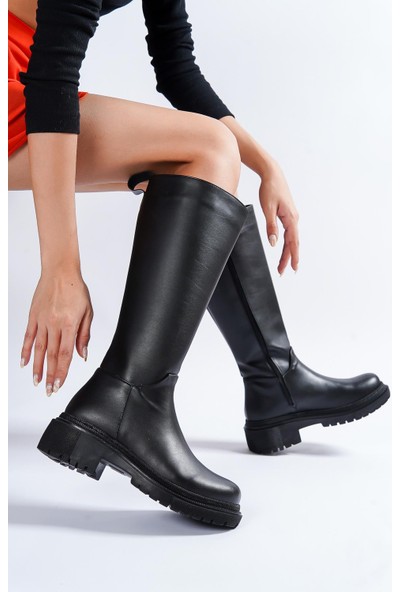 Long Shoes Bayan Siyah Moss Alçak Topuk Fermuarlı Cilt Çizme