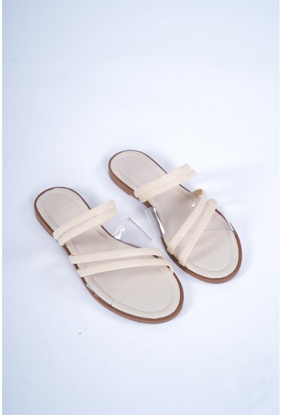 Long Shoes Bayan Bej Şeffaf Bant Detaylı Bantlı Düz Terlik