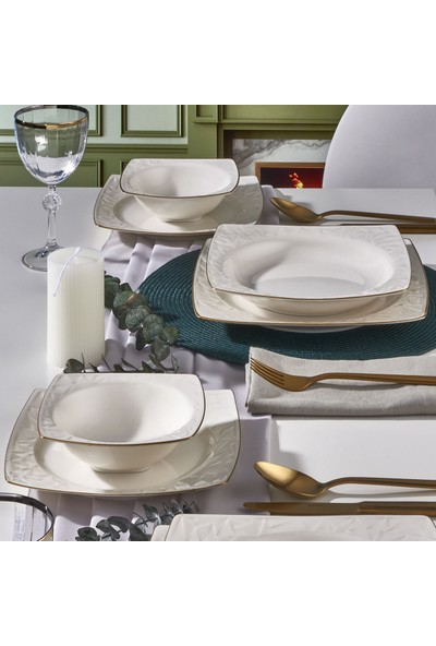 Güral Porselen Vivente 8 Parça 2 Kişilik Bone Yemek Takımı - Gold