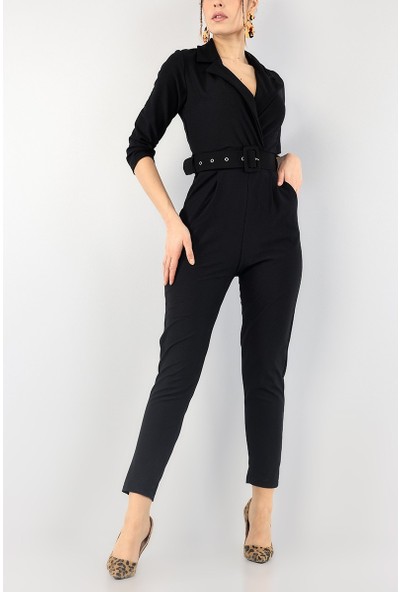 Kasheha Kadın Siyah Kemerli Fakir Kol Kruvaze Yaka Tulum - KAD3325388