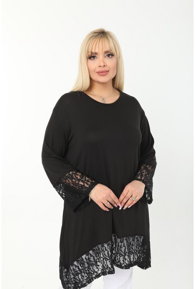 Kasheha Kadın Siyah Büyük Beden Kol ve Eteği Dantelli Viskon Penye Tunik - BUY6097015