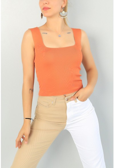Kasheha Kadın Somon Pamuklu Kalın Askılı Kare Yaka Likralı Crop Triko Bluz - KAD3325414 Kasheha Kadın Somon Pamuklu Kalın Askılı Kare Yaka Likralı Crop Triko Bluz - KAD3325414