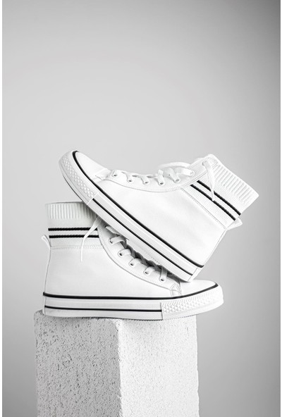 Entiti Unisex Beyaz Çizgili Bilek Boy Sneaker Bağcıklı Günlük Ayakkabı