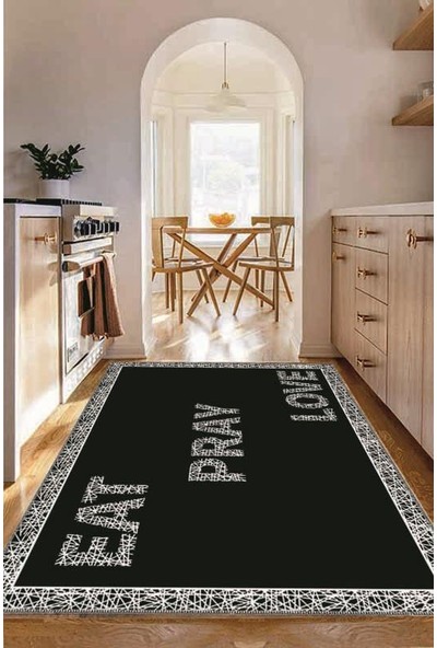 Kustulli Siyah Beyaz Eat Pray Love Desenli Yıkanabilir Kaymaz Taban Mutfak Halısı KITCHEN-7042 Kustulli Siyah Beyaz Eat Pray Love Desenli Yıkanabilir Kaymaz Taban Mutfak Halısı KITCHEN-7042